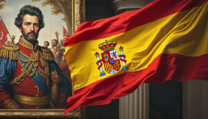 Les symboles derrière le drapeau rouge, jaune et violet : espagnol